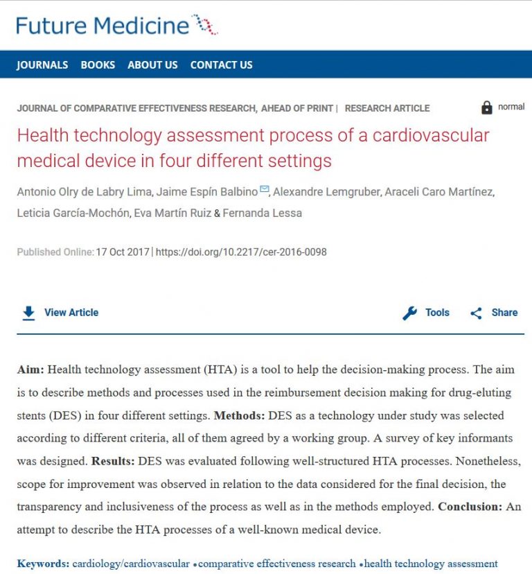 Health technology assessment process of a cardiovascular medical device ...